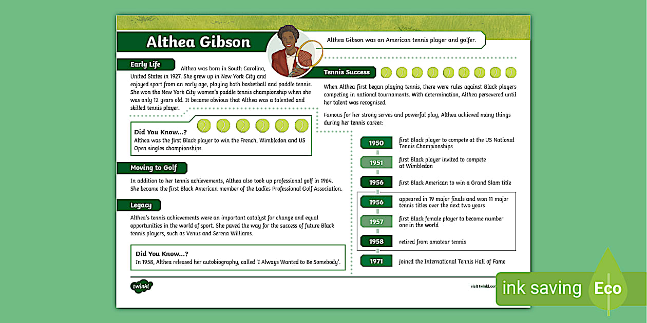 Althea Gibson Fact File - KS2 (teacher made) - Twinkl