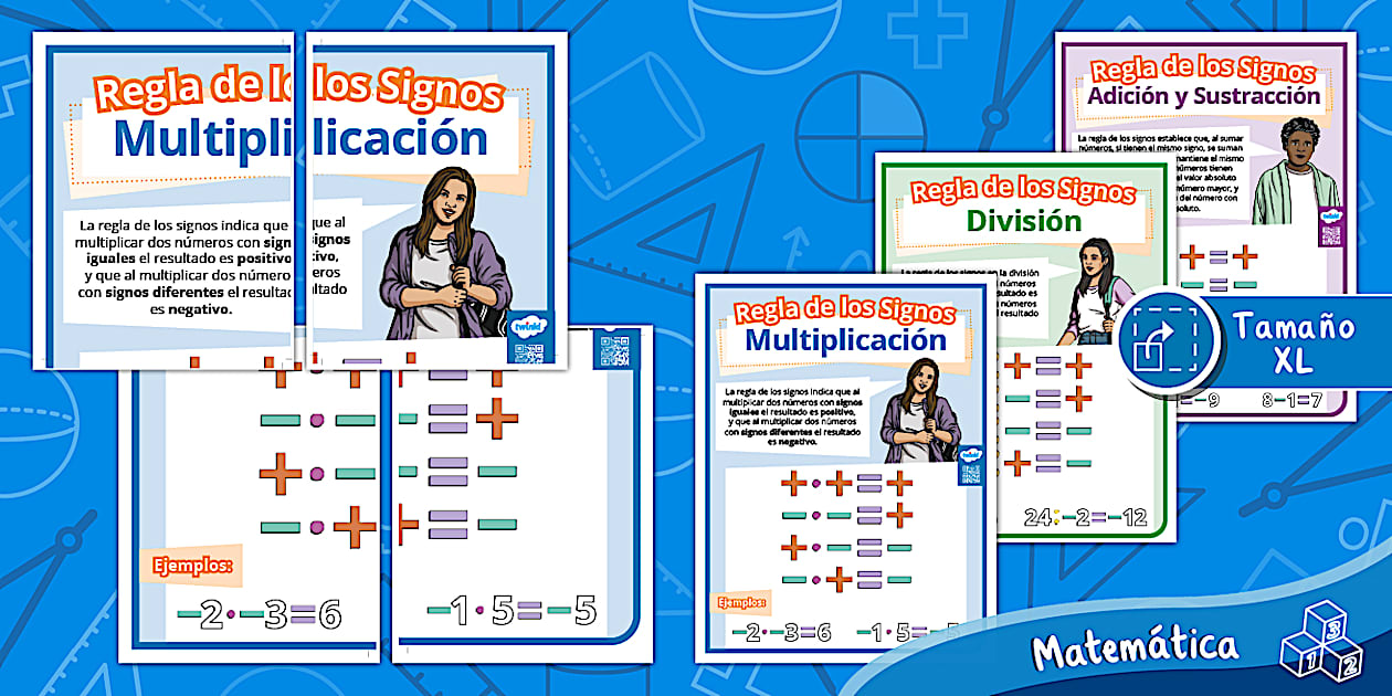 Póster | XL | Regla de los Signos | Multiplicación | Dividir