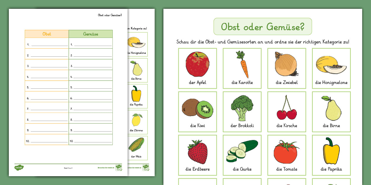 Obst oder Gemüse? - Arbeitsblatt (teacher made) - Twinkl
