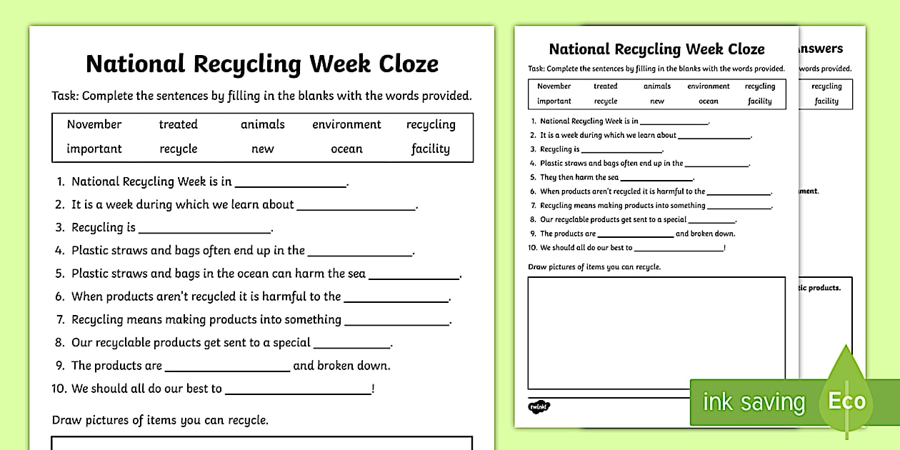 National Recycling Week Cloze Activity | Australian Resource