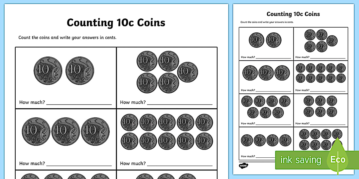 Black and White Counting 10c Coins Worksheet (teacher made)