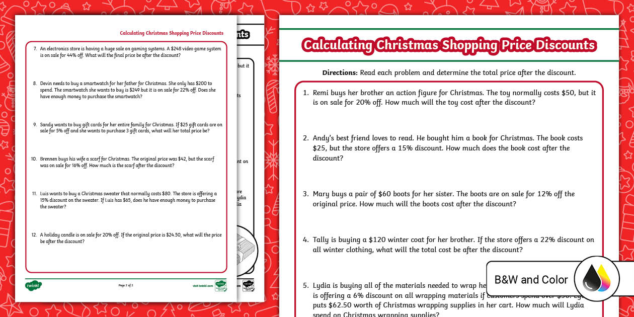 6th Gr Calculating Christmas Shopping Price Discounts Math