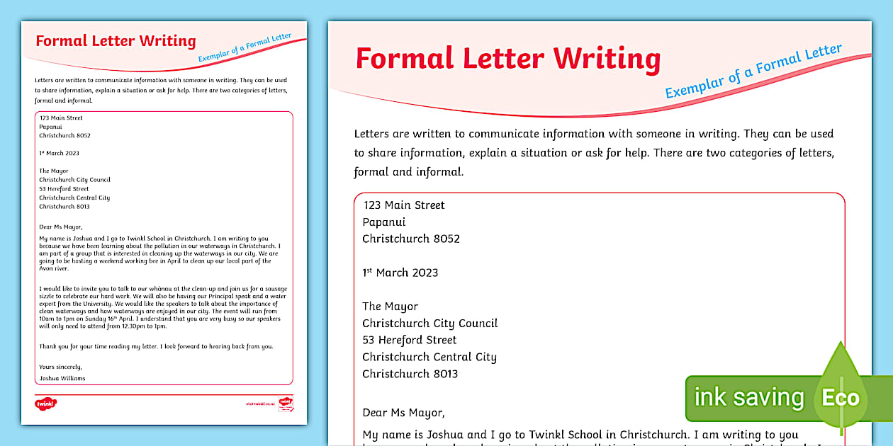 Level 2 Formal Letter Writing Exemplar (teacher made)