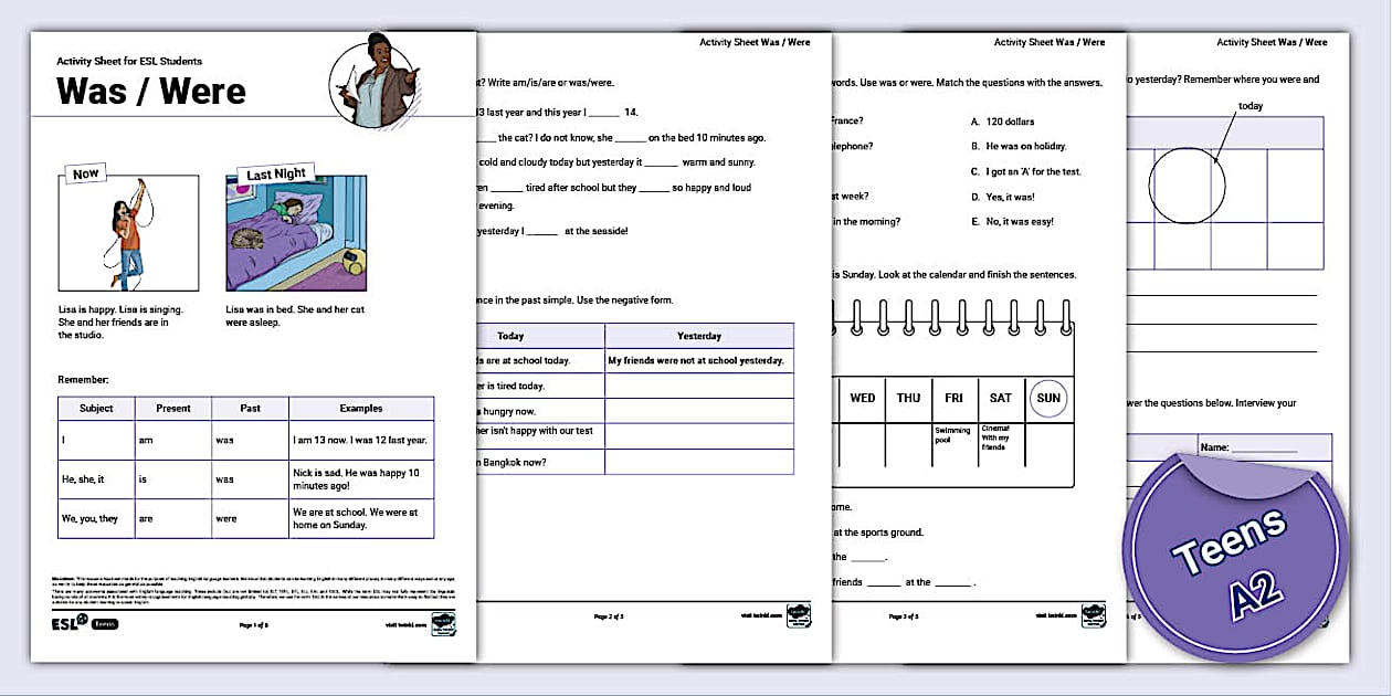 ESL Was / Were Activity Sheet [Teens, A2] - Twinkl