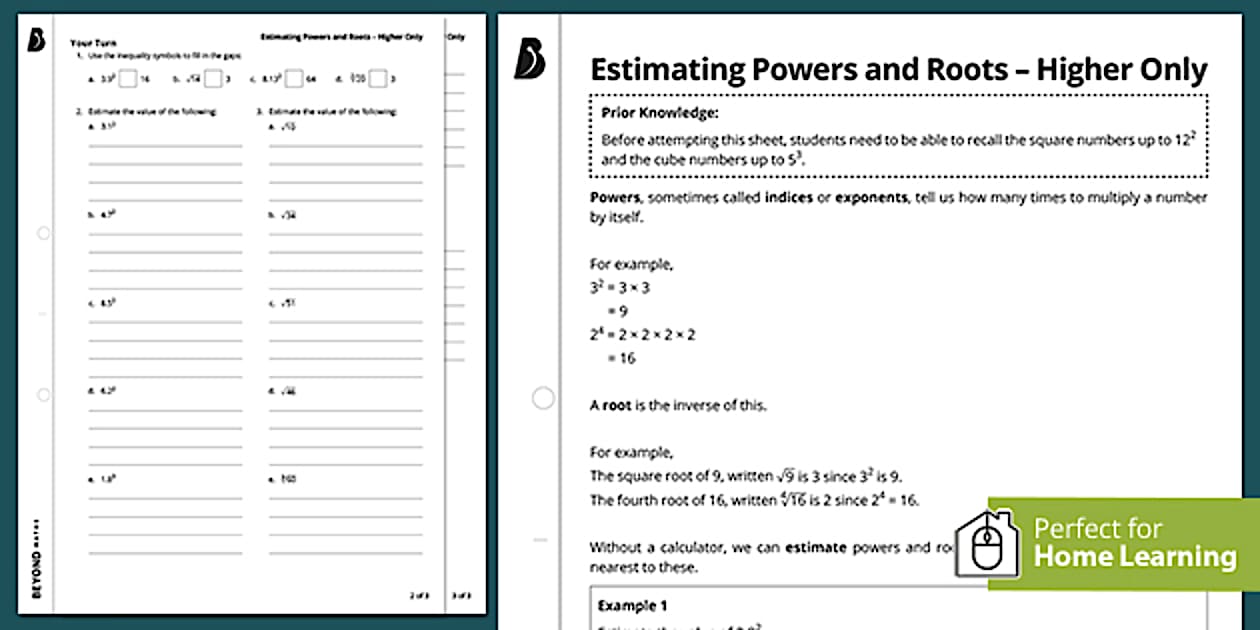 👉 Estimating Powers and Roots Worksheet - Home Learning