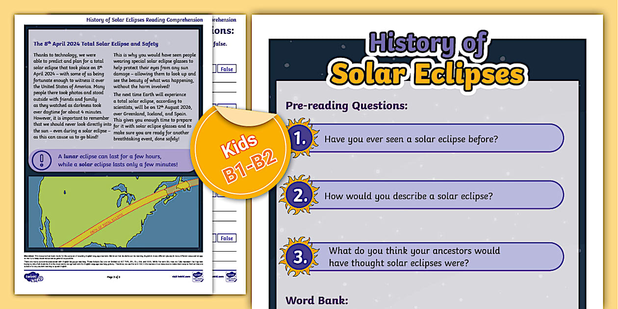 History of Solar Eclipses Reading Comprehension [Kids; B1-B2]