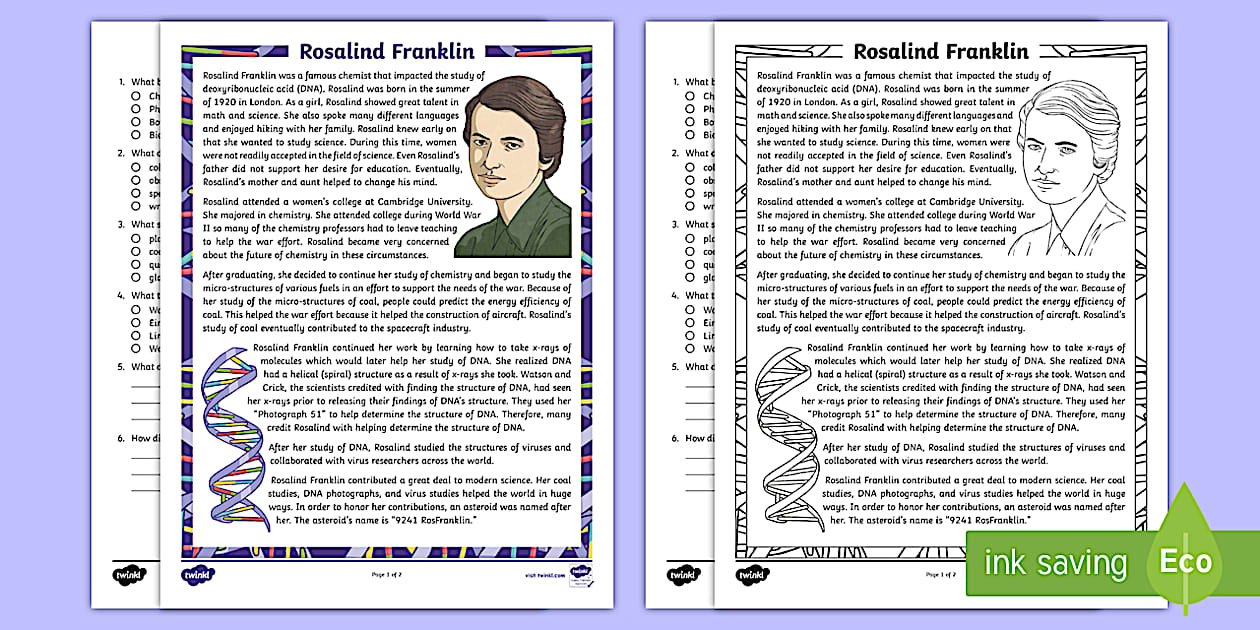 Fifth Grade Rosalind Franklin Reading Comprehension Worksheet