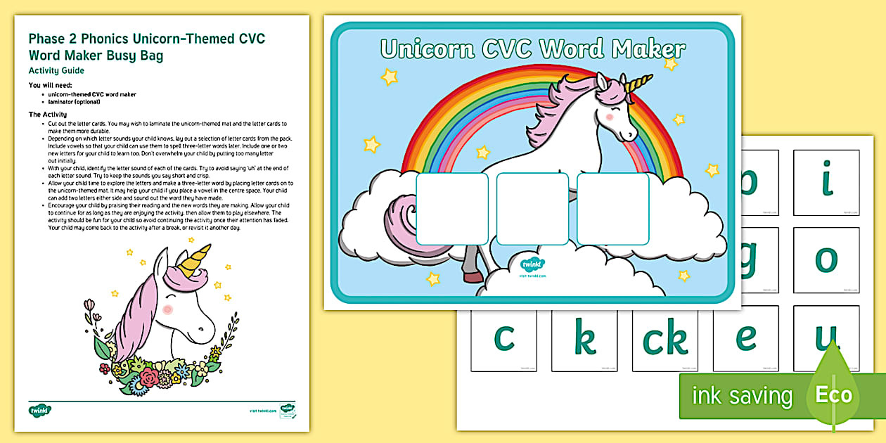 Phase 2 Phonics Unicorn-Themed CVC Word Maker (teacher made)