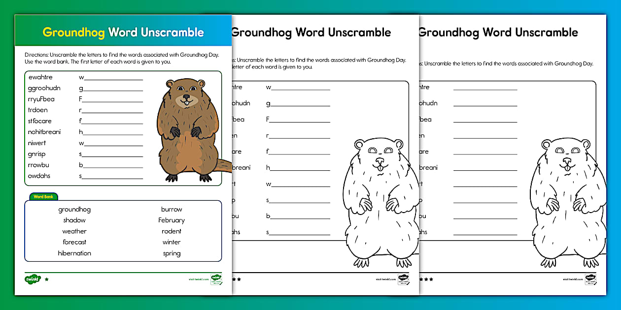 Groundhog Day Word Unscramble Worksheet | Printable | Twinkl