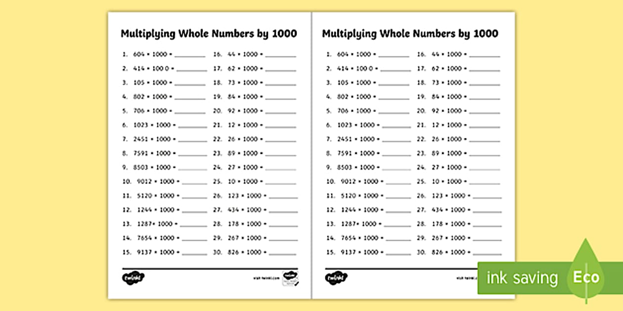 Multiplying Whole Numbers by 1000 A5 Worksheet - Twinkl