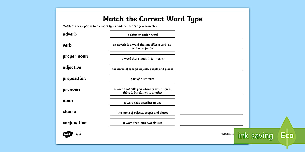 Match the Correct Word Class Worksheet (teacher made)