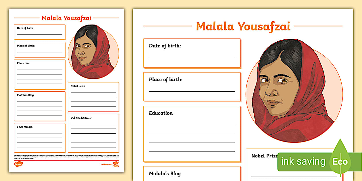 Malala Yousafzai Fact File Template (teacher made) - Twinkl
