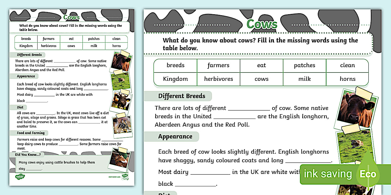 Cows Cloze Activity (Teacher-Made) - Twinkl