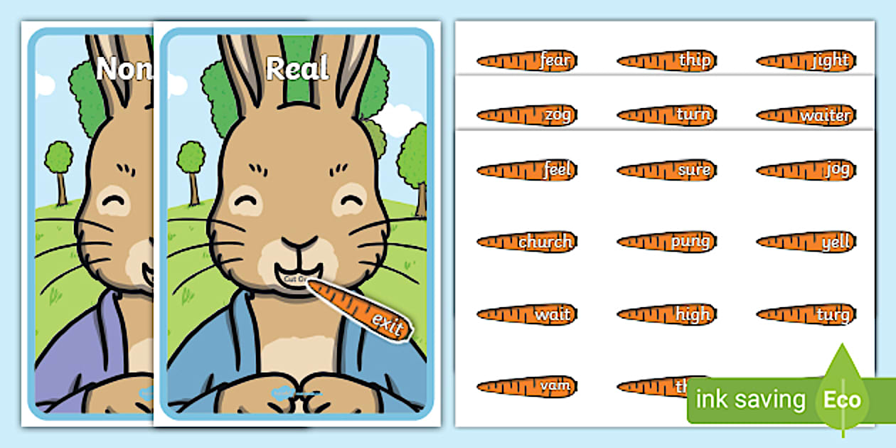 Editable Feed Peter Rabbit Phase 3 Real and Nonsense Words Phonics Activity