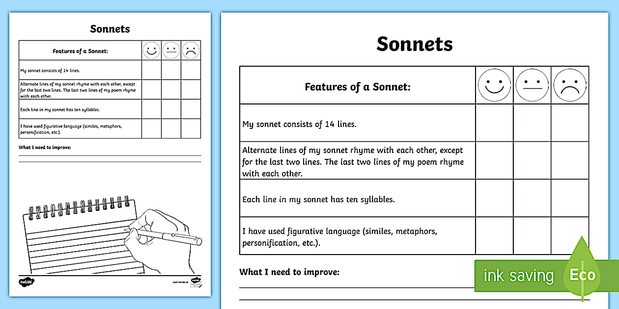 Writing a Sonnet Poem Self-Assessment Tracker (teacher made)
