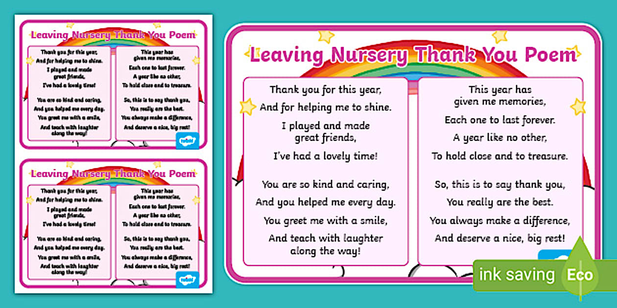 Thank You Nursery Teacher - Leaving Poem - EYFS - Twinkl