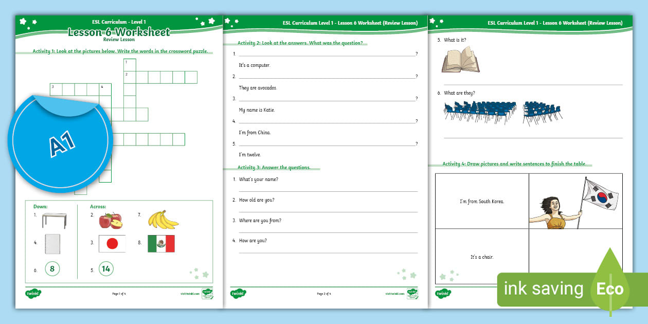 ESL Curriculum for Beginners: Lesson 6 Worksheet | Twinkl