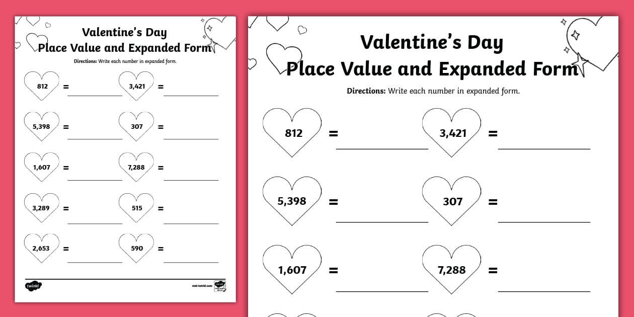 Valentine's Day Place Value and Expanded Form Activity Sheet