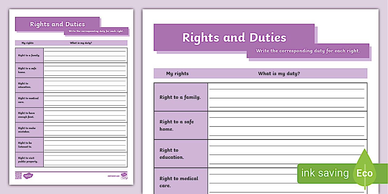 Rights and Duties Worksheet (teacher made) - Twinkl