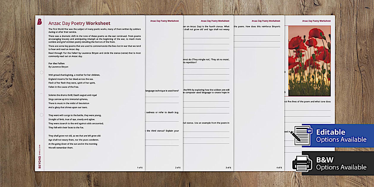 Anzac Day Poetry Worksheet (Teacher-Made) - Twinkl