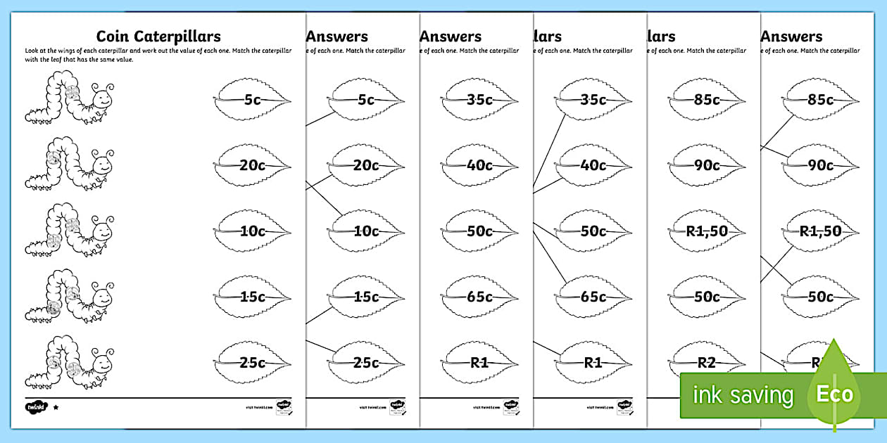 Coin Caterpillars Match Up Differentiated Worksheet / Worksheet