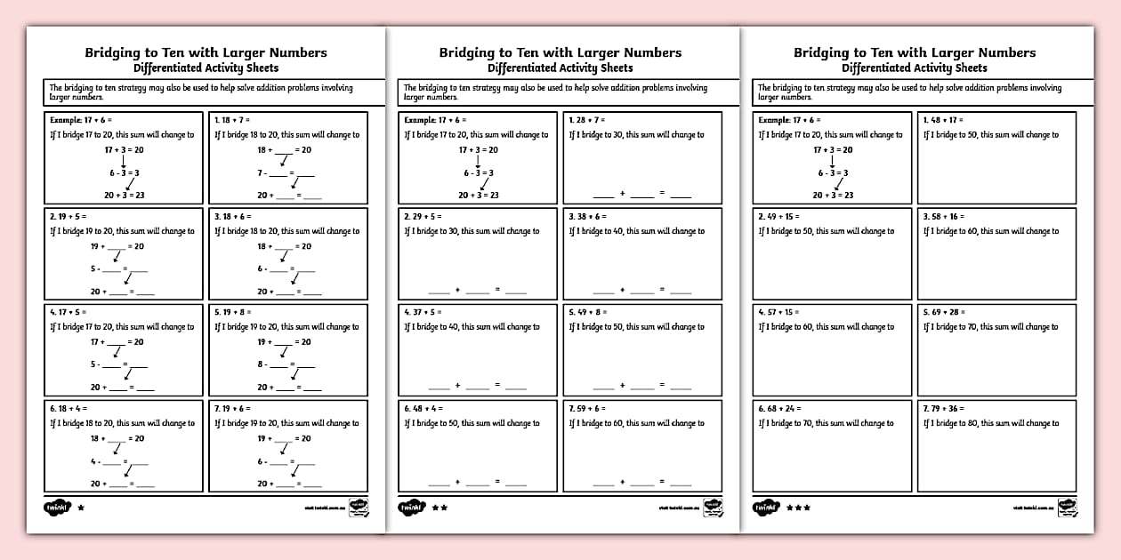 Bridging to Ten with Larger Numbers Activity Sheets - Twinkl