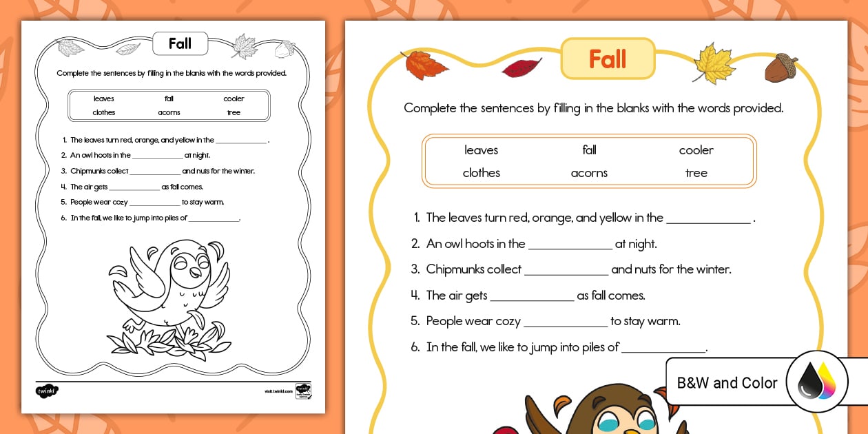 Kindergarten Fall Missing Words Worksheet (teacher made)