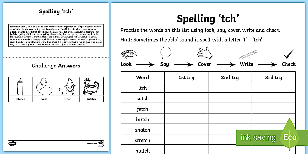 Year 1 Spelling Practice - tch Words Worksheet - tch sound