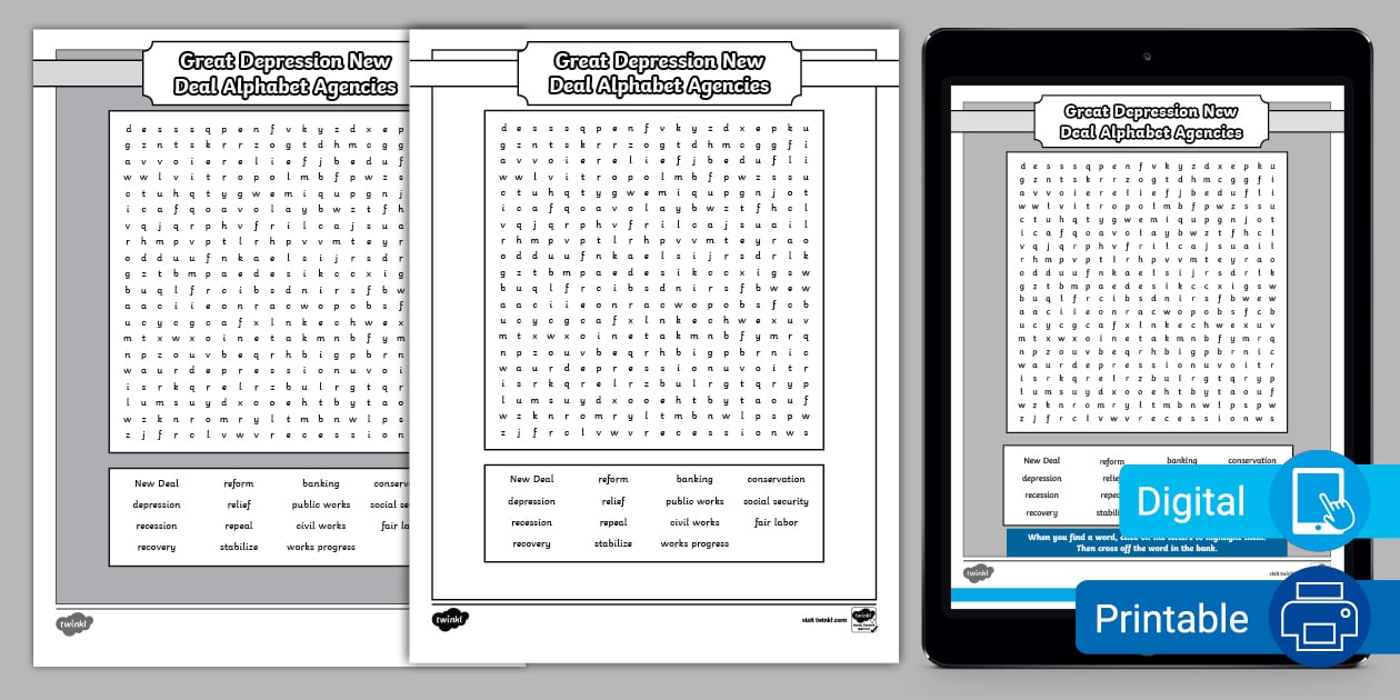 Great Depression New Deal Alphabet Agencies Word Search