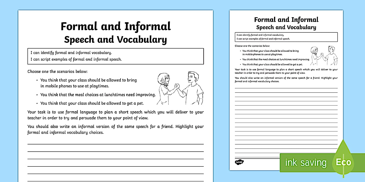 SA Formal and Informal Speech and Vocabulary Application Worksheet