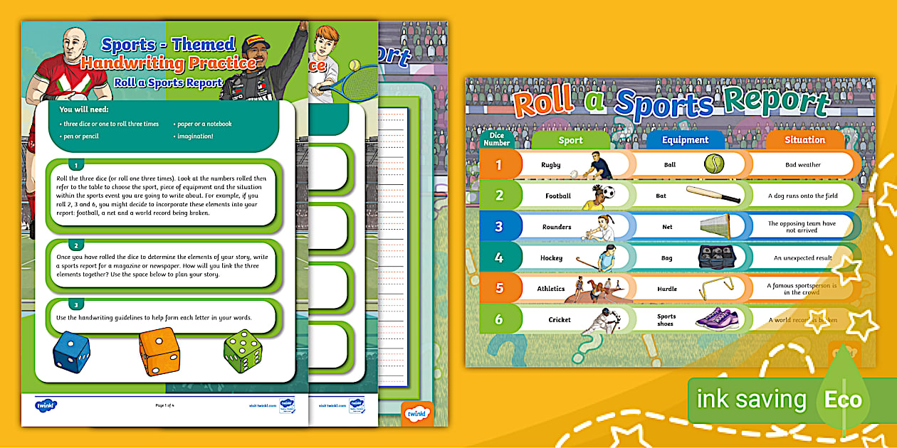 Sports-Themed Handwriting Practice - Roll a Sports Report