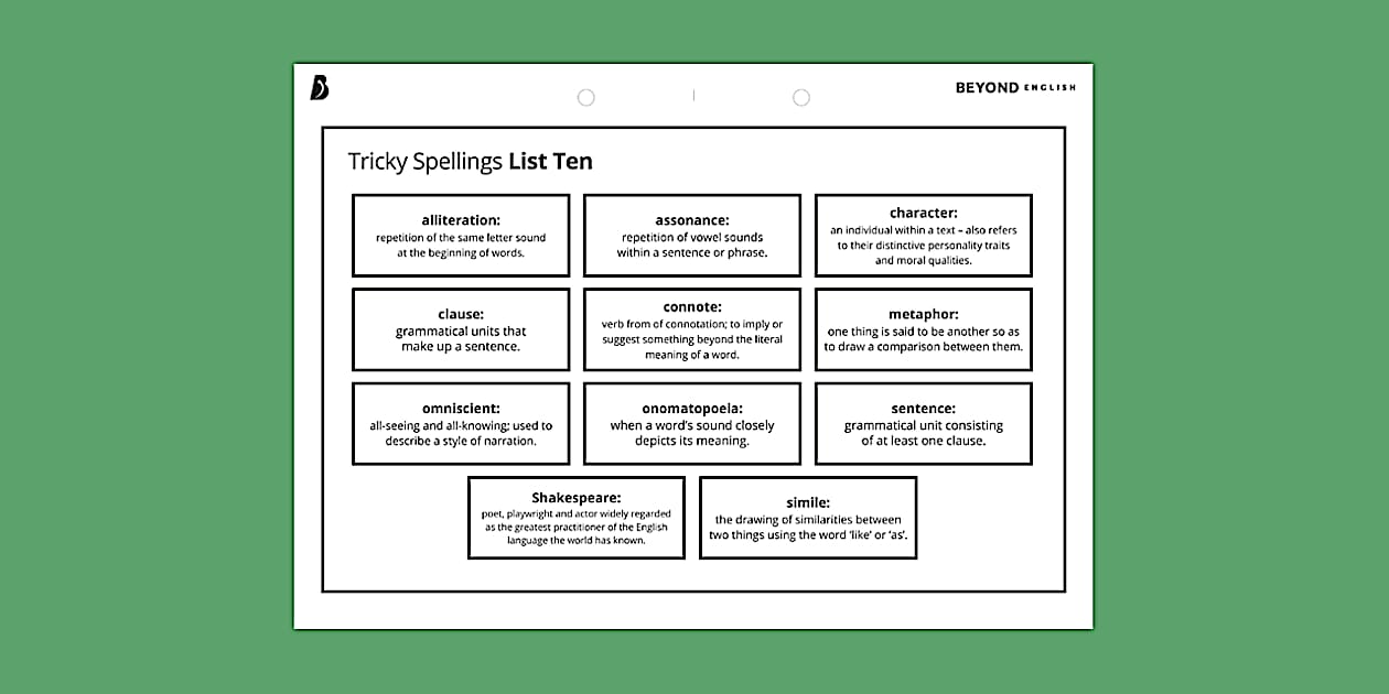 Tricky Spellings Word Mat (10) | KS3 SPaG | Beyond English