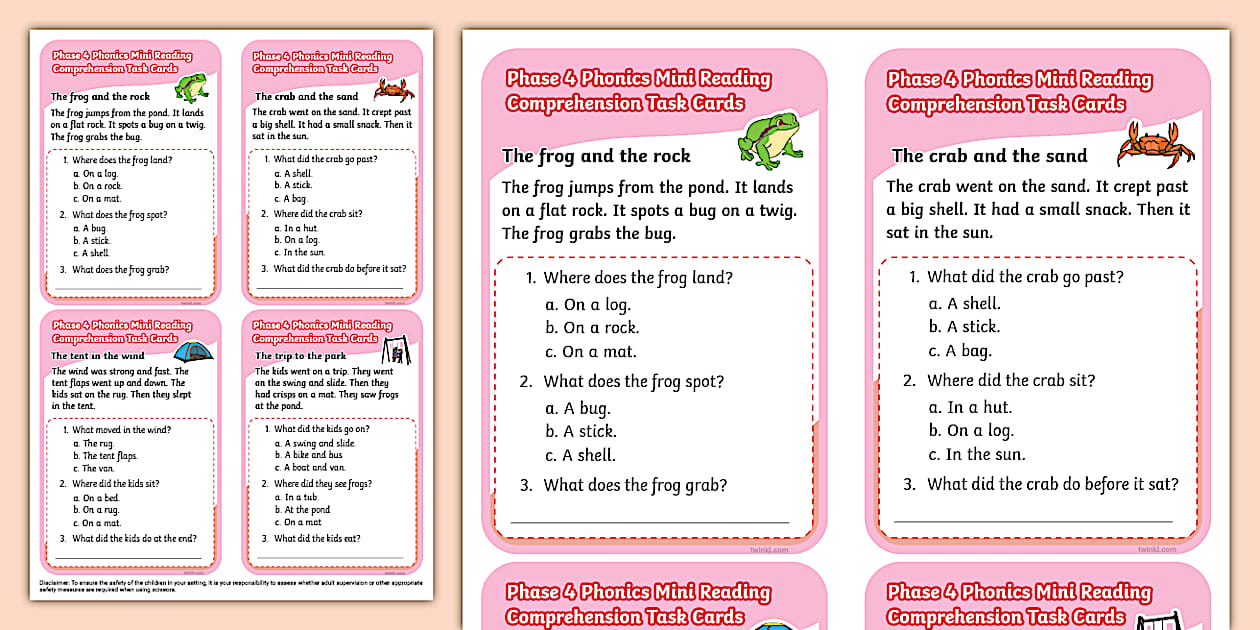 Phase 4 Phonics Mini Reading Comprehension Task Cards