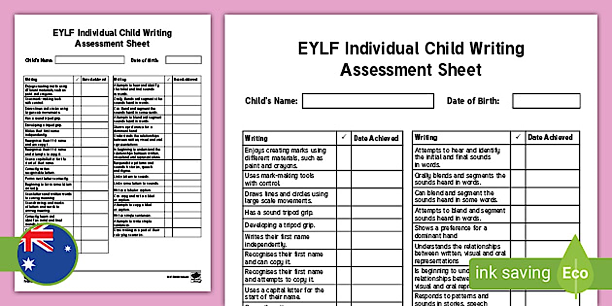 EYLF Individual Child Writing Assessment Sheet - Twinkl