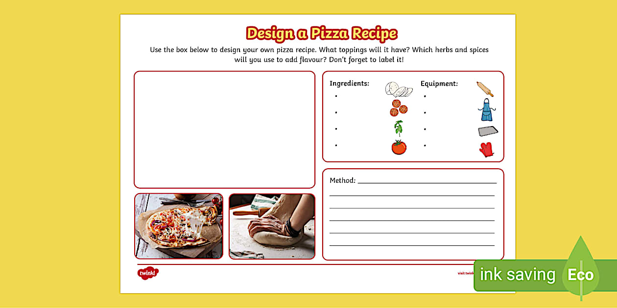 Design a Yummy Pizza Recipe Worksheet (teacher made)