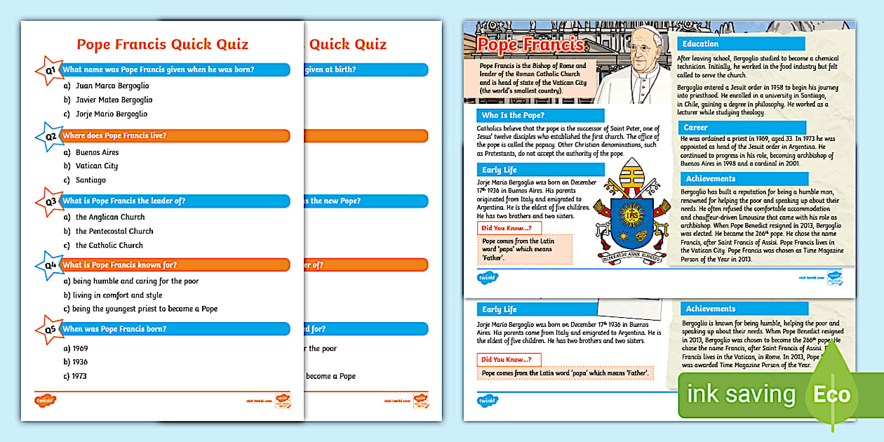 Pope Francis Fact File and Quick Quiz (Teacher-Made)