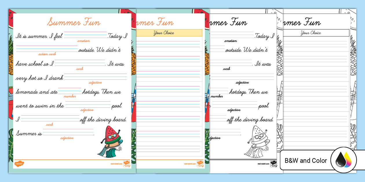 Summer Laugh Libs Cursive Writing Worksheet - Twinkl