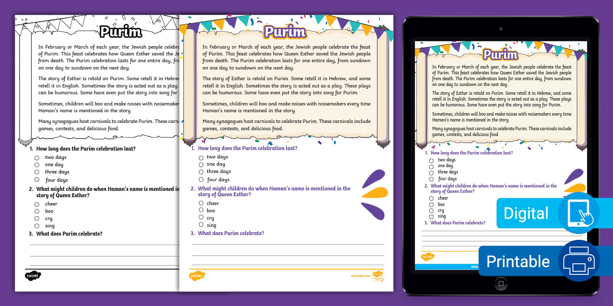 Third Grade Purim Reading Passage Comprehension Activity