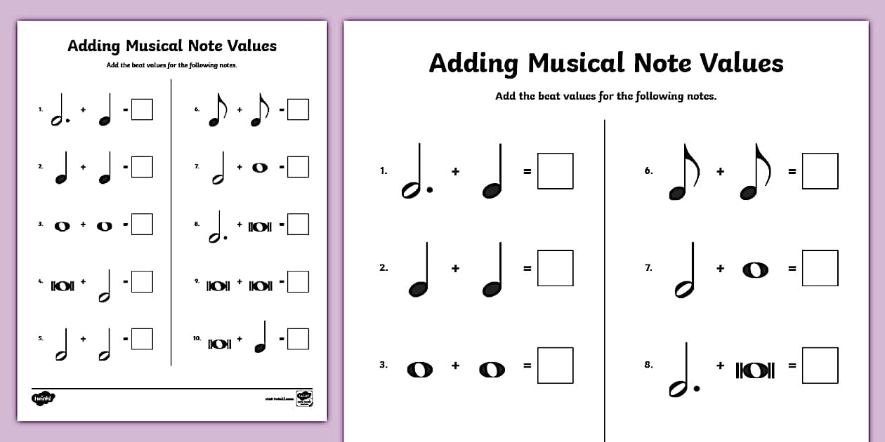 Adding Musical Note Values Worksheet (teacher made) - Twinkl