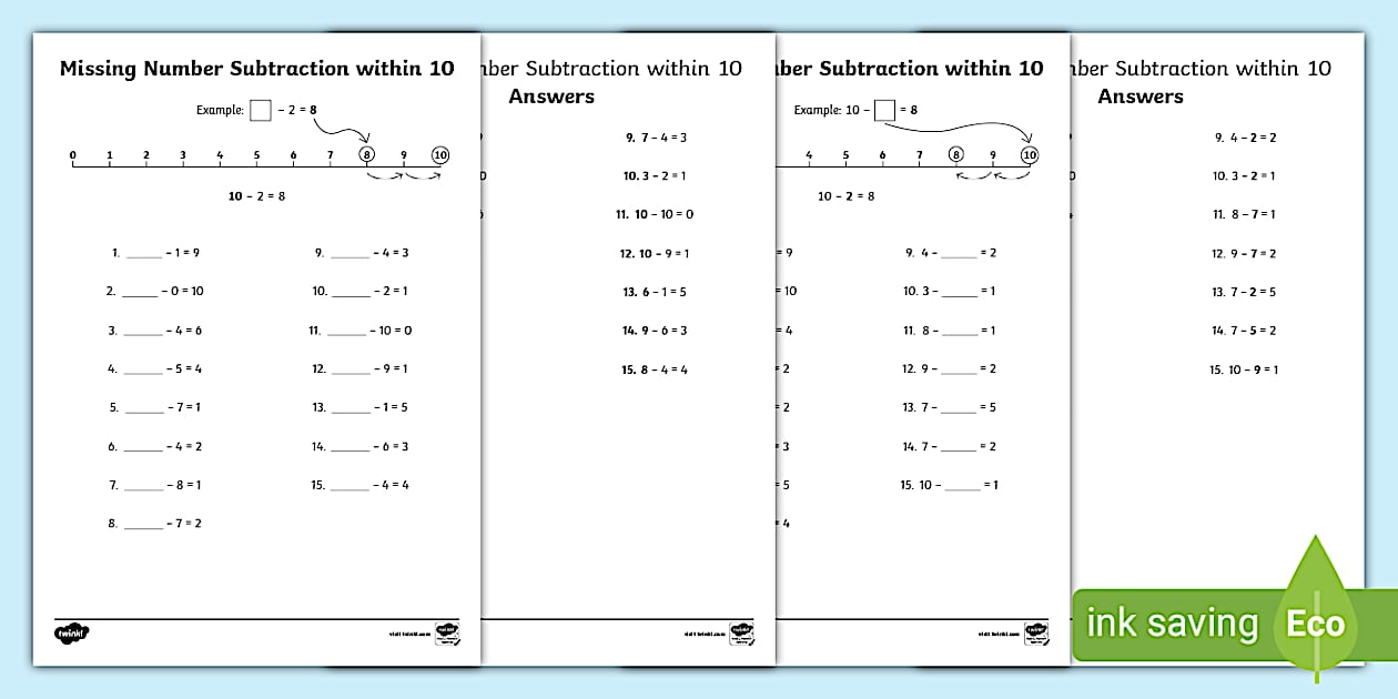 Missing Number Subtraction within 10 Worksheet - Twinkl