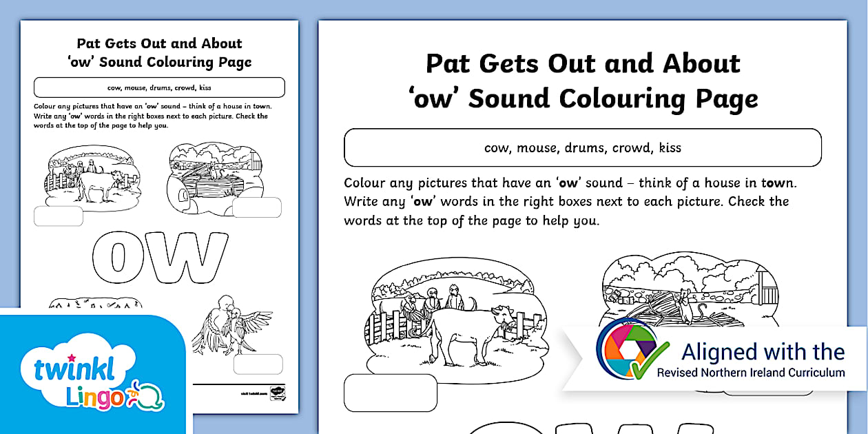 Pat Gets Out and About 'ow' Sound Colouring Page - Twinkl
