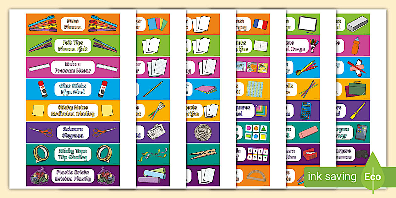 Cursive Welsh/English Bilingual Classroom Equipment Labels