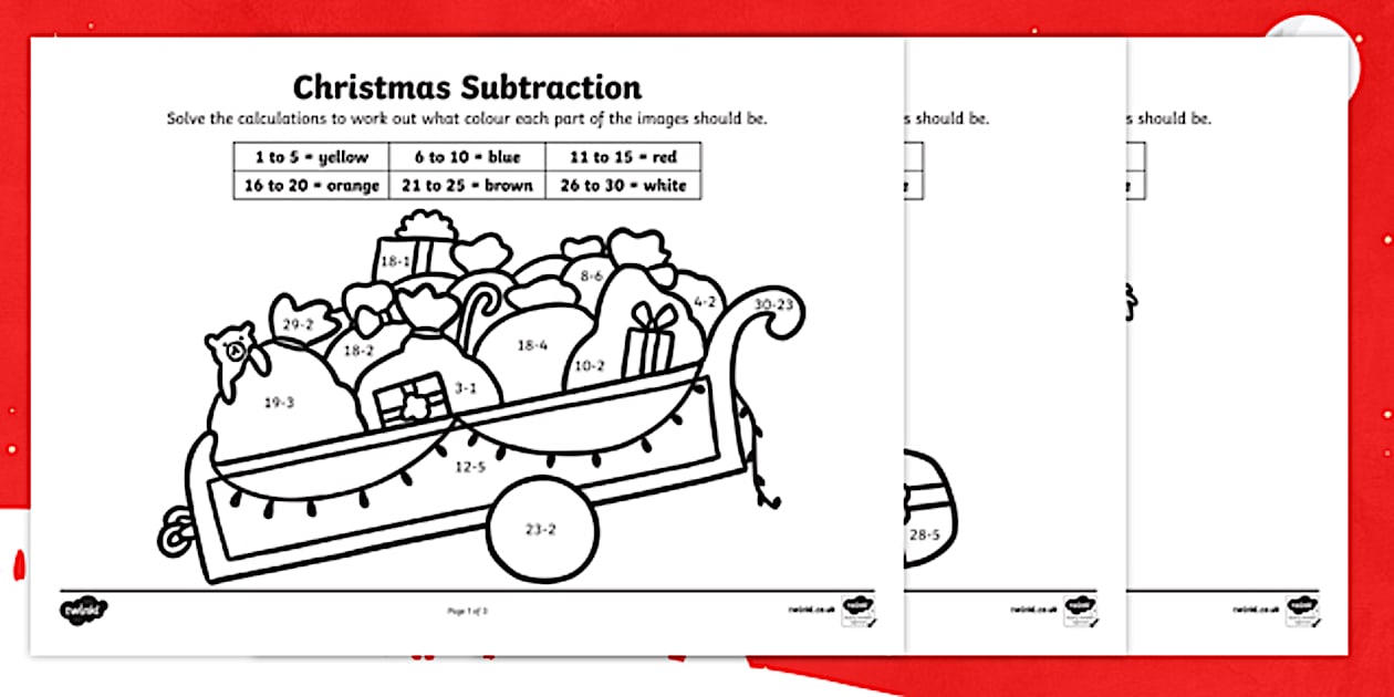 Christmas Subtraction to 30 Colour by Number - Twinkl