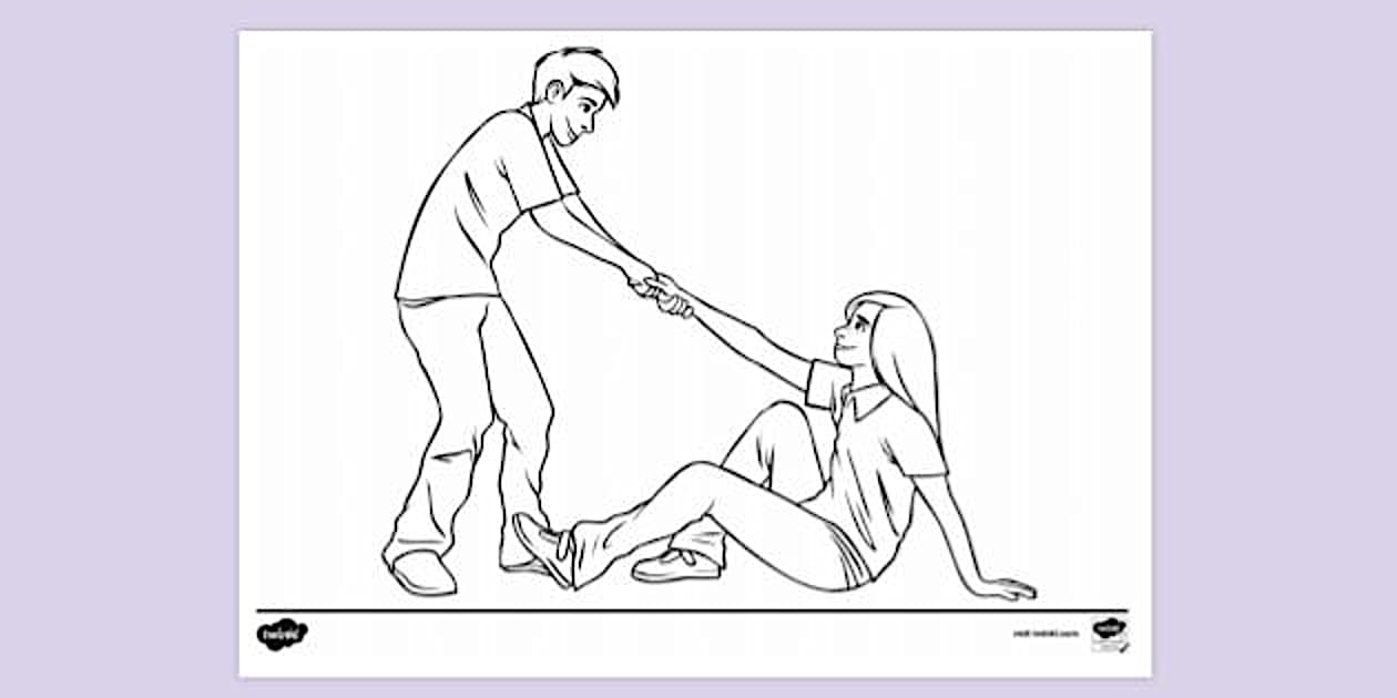 Helping Up Person Who Has Fallen Over Colouring Sheet