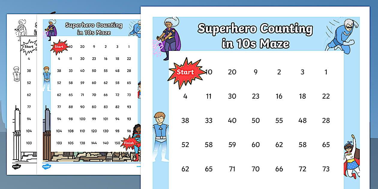 Black and White Superhero Themed Counting in 10s Maze