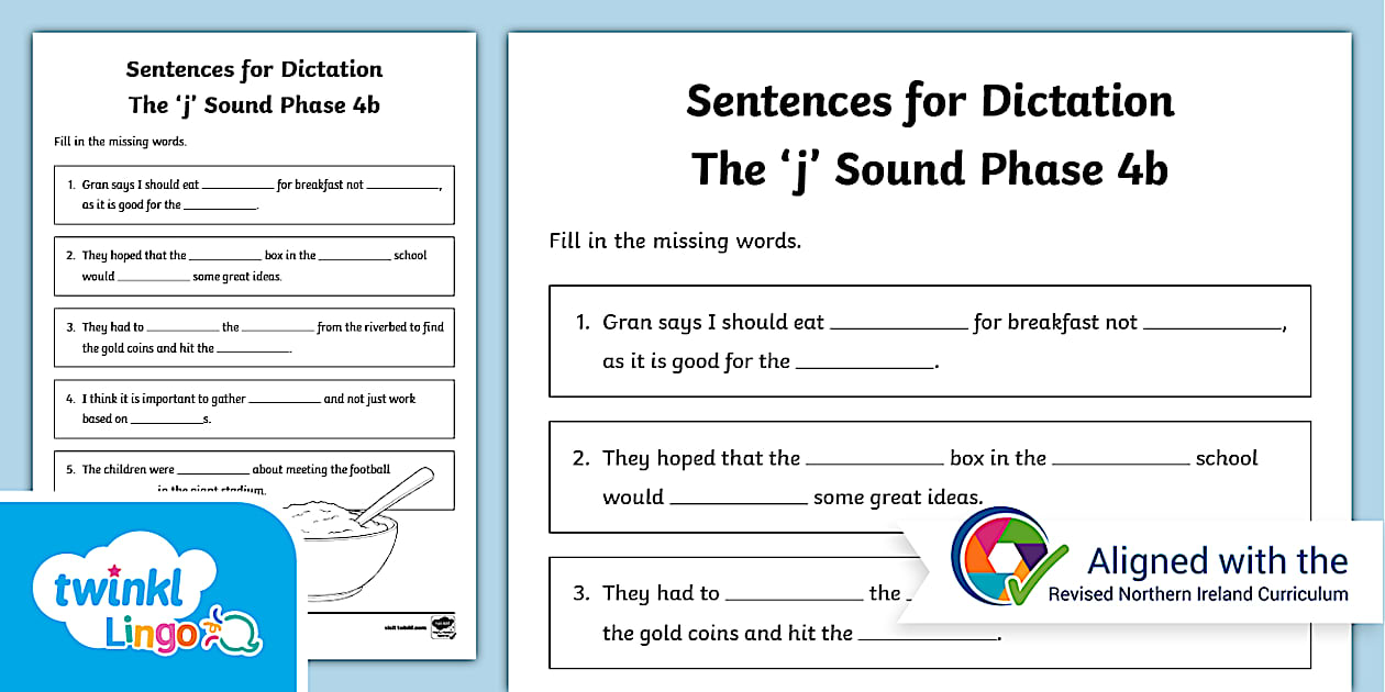 NI Linguistic Phonics Phase 4b 'j' Sound Dictation Sentences
