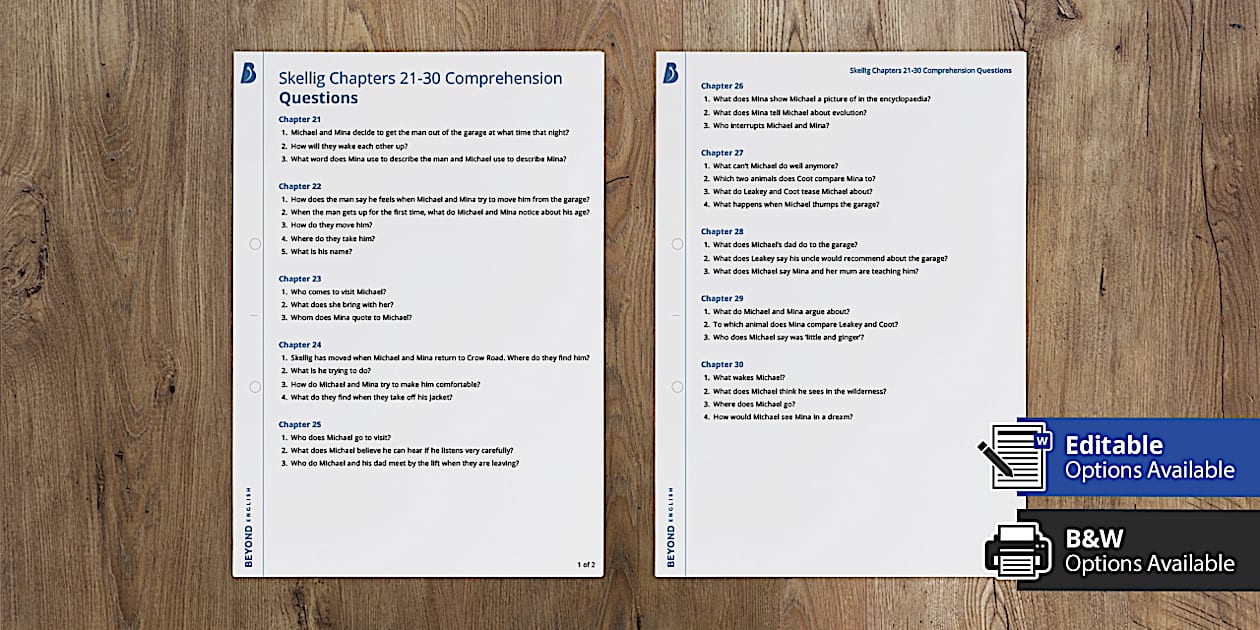 Skellig Chapters 21 - 30 Comprehension Questions - Twinkl