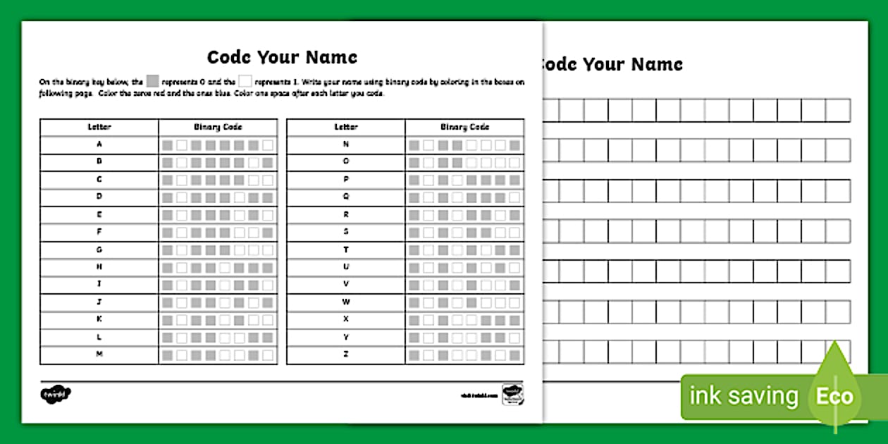 Code Your Name Using Binary Code Activity Worksheet for 3rd-5th Grade