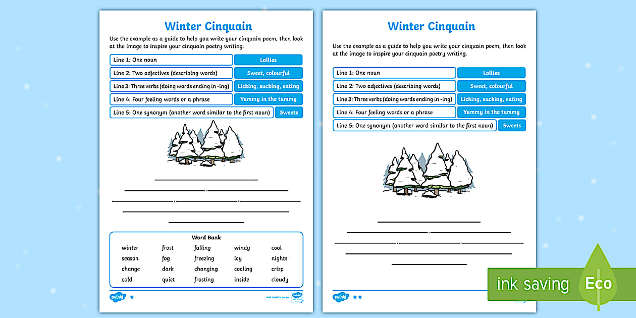 Winter Cinquain Poem Differentiated Worksheet - Twinkl