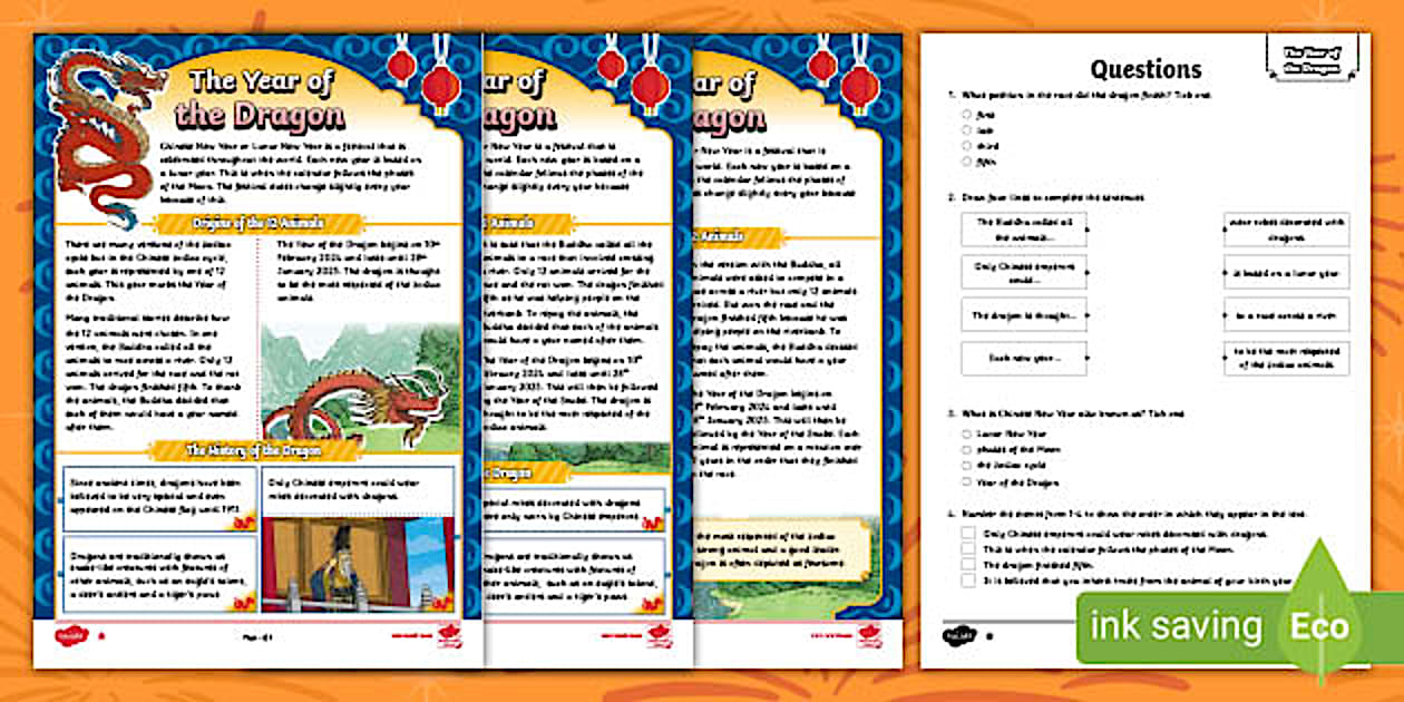 LKS2 The Year of the Dragon Reading Comprehension Activity